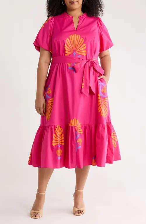 SUGARLIPS Melian Puff Sleeve Tie Belt Cotton Midi Dress - Fuchsia-orange