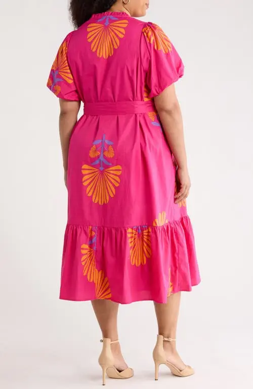 SUGARLIPS Puff Sleeve Printed Cotton Midi Dress With Tie Belt
