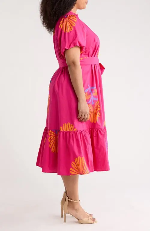SUGARLIPS Puff Sleeve Printed Cotton Midi Dress With Tie Belt