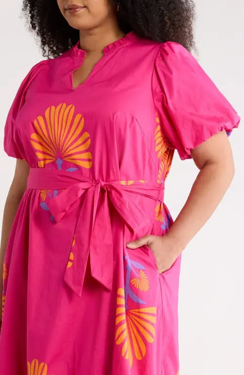 SUGARLIPS Puff Sleeve Printed Cotton Midi Dress With Tie Belt