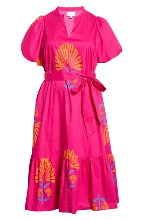 SUGARLIPS Puff Sleeve Printed Cotton Midi Dress With Tie Belt