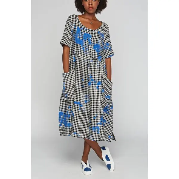 LUUKAA Zane Checkered Gauze Linen Dress - Blue