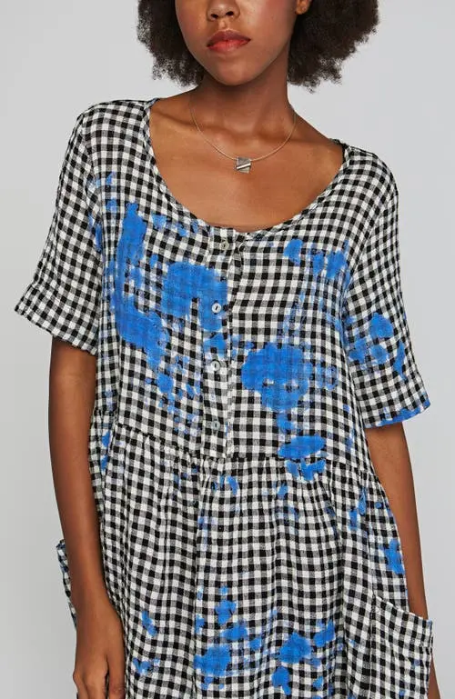 LUUKAA Zane Checkered Gauze Linen Dress With Tie-dye Finish