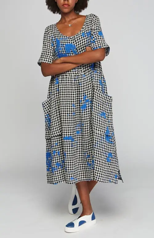 LUUKAA Zane Checkered Gauze Linen Dress With Tie-dye Finish