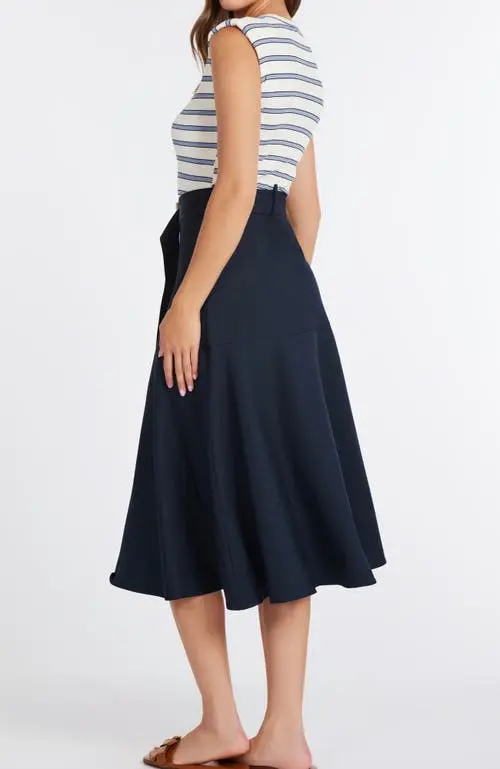 BISHOP + YOUNG Kristopher Twofer Dress With Striped Knit Bodice And Belted Woven Skirt - Indigo