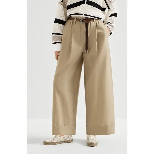 Brunello Cucinelli Techno Cotton Poplin Boxy Pleated Trousers With Monili - Cappuccino