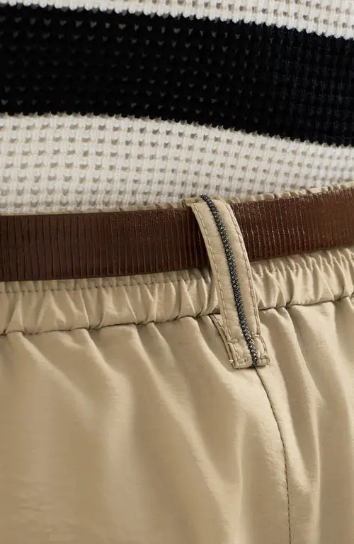 Brunello Cucinelli Techno Cotton Poplin Boxy Pleated Trousers With Monili - Cappuccino