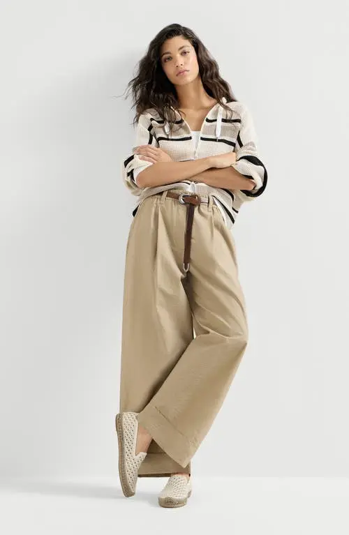 Brunello Cucinelli Techno Cotton Poplin Boxy Pleated Trousers With Monili - Cappuccino