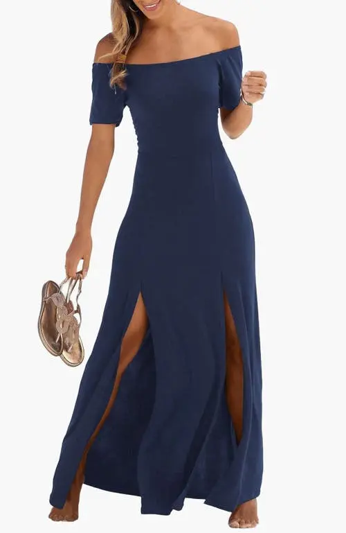 LASCANA Off-the-shoulder Maxi Dress With High Slits - Navy