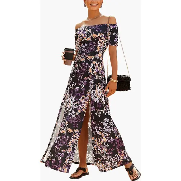 LASCANA Floral Off-the-shoulder Maxi Dress - Black Multi