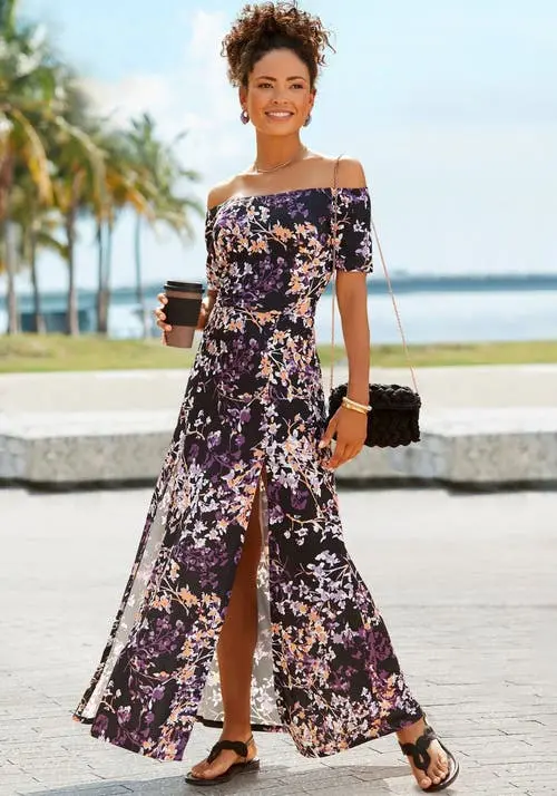 LASCANA Floral Off-the-shoulder Maxi Dress - Black Multi