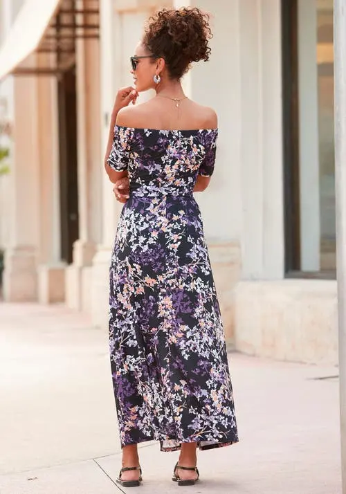 LASCANA Floral Off-the-shoulder Maxi Dress - Black Multi
