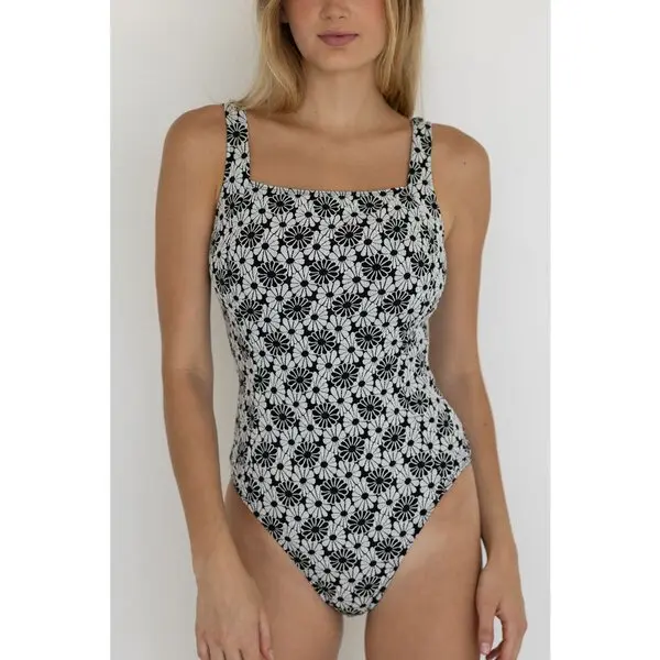 Geode Swimwear Daisy Square Neck One Piece - Black