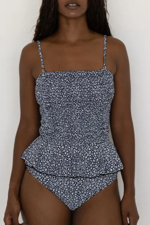 Geode Swimwear Stella Peplum Tankini Top With Floral Print - Black