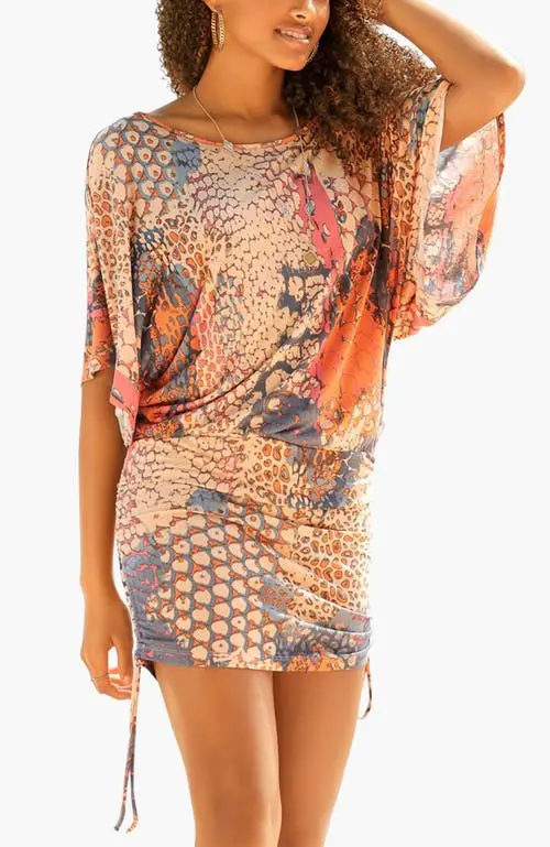 LASCANA Ruched Drawstring Dress With Boat Neck And Dolman Sleeves - Orange Multi