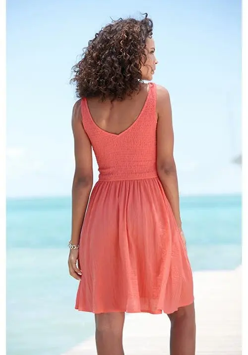 LASCANA Smocked V-neck Dress - Coral