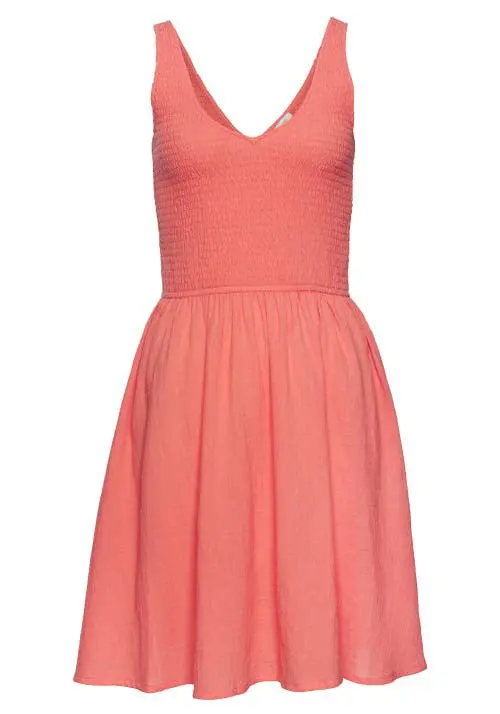 LASCANA Smocked V-neck Fit & Flare Dress - Coral