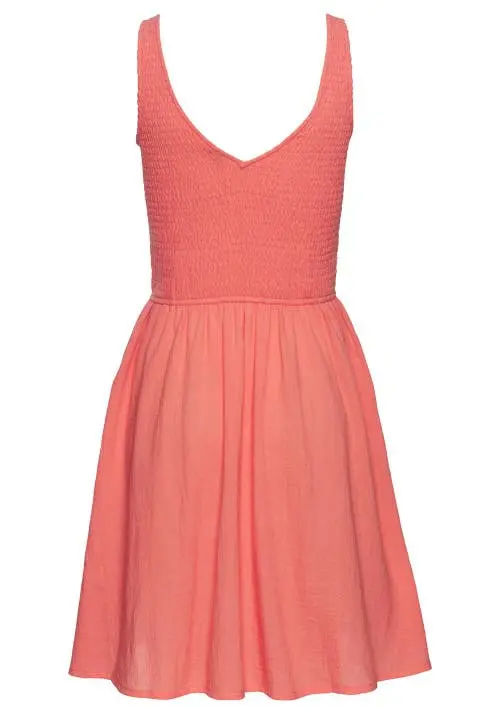 LASCANA Smocked V-neck Fit & Flare Dress - Coral