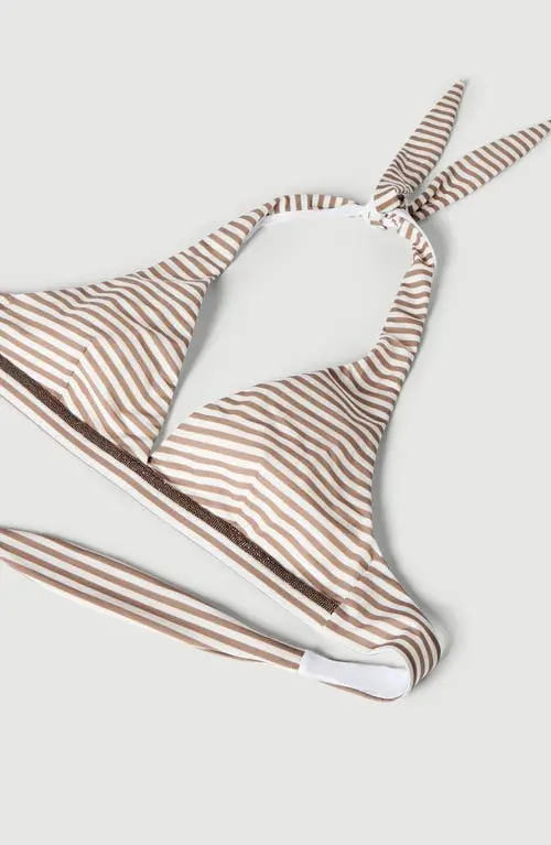 Brunello Cucinelli Striped Techno Jersey Bikini Top With Precious Trim - Panama