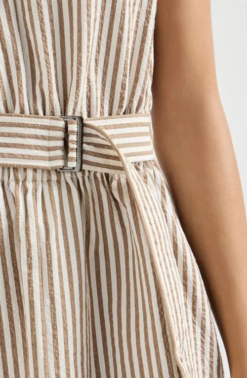 Brunello Cucinelli Striped Seersucker Belted Dress