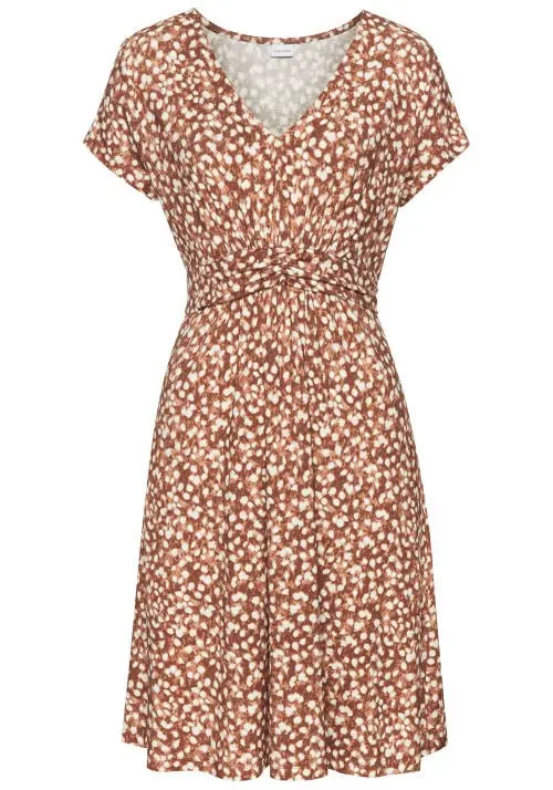 LASCANA Short Sleeve Printed V-neck Dress - Brown Ivory