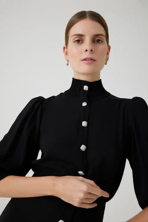 EXQUISE Amanna High Neck Knit Shirt - Black