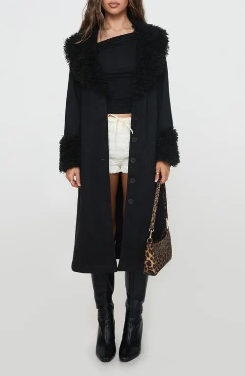 Princess Polly After Party Faux Suede Long Coat With Faux Shearling Trim - Black