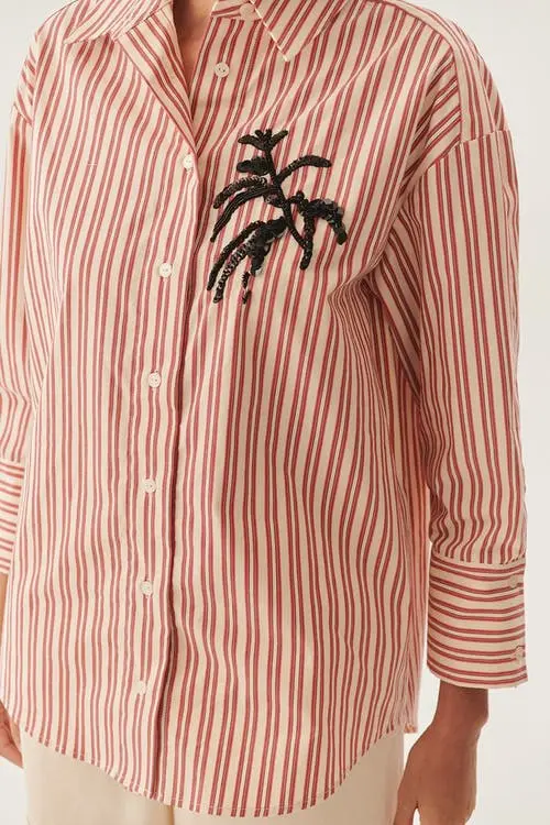 EXQUISE Leia Long Sleeve Shirt With Striped Pattern And Embroidered Detail