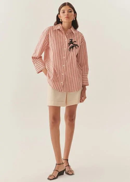 EXQUISE Leia Long Sleeve Shirt With Striped Pattern And Embroidered Detail