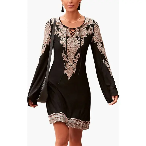 LASCANA Boho Print Lace-up Dress With Flared Sleeves