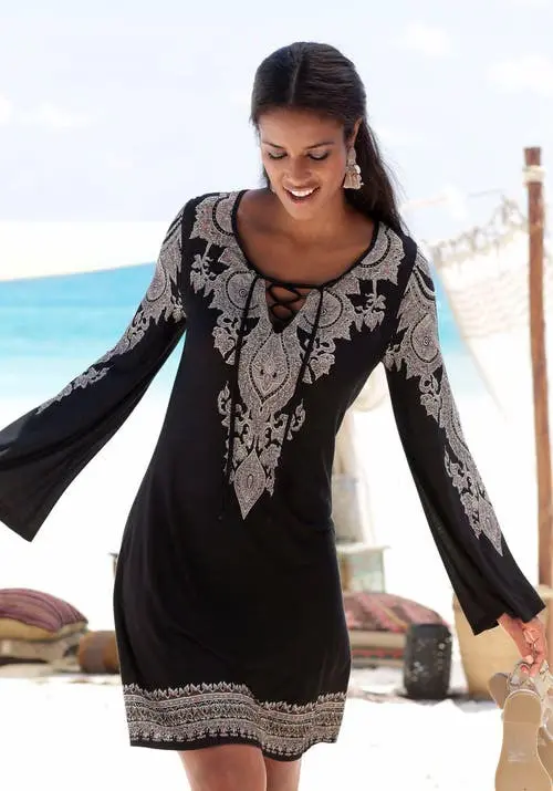 LASCANA Boho Print Lace-up Dress With Flared Sleeves