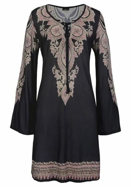LASCANA Boho Print Lace-up Dress With Flared Sleeves