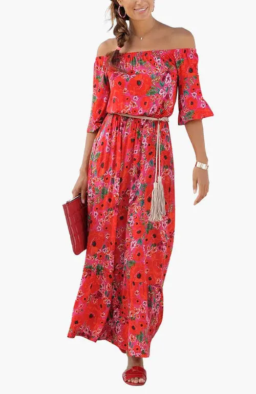 LASCANA Off-the-shoulder Printed Maxi Dress - Multi