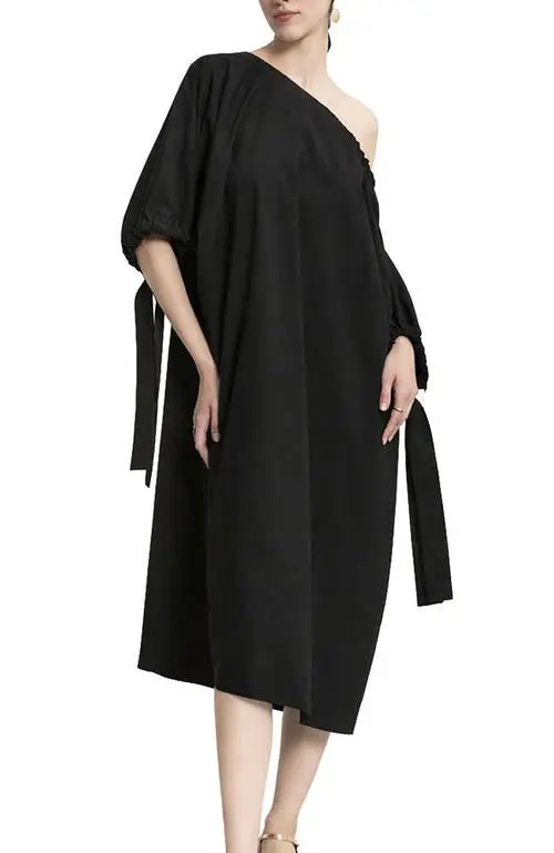 OTTOD'AME Poplin Midi Dress With Drawstring Sleeves - Black