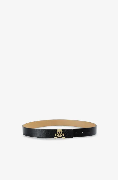 SCALPERS Reversible Slim Ninon Belt With Skull Buckle - Khakiblack