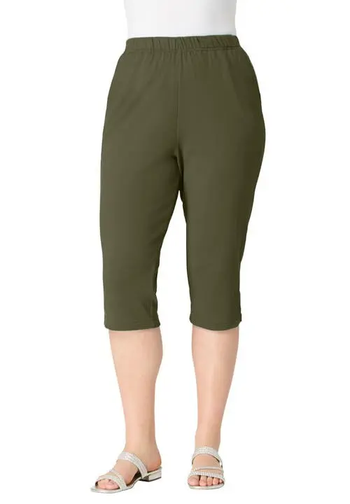 ROAMAN'S Soft Knit Relaxed Pull-on Capri Pant - Dark Olive Green