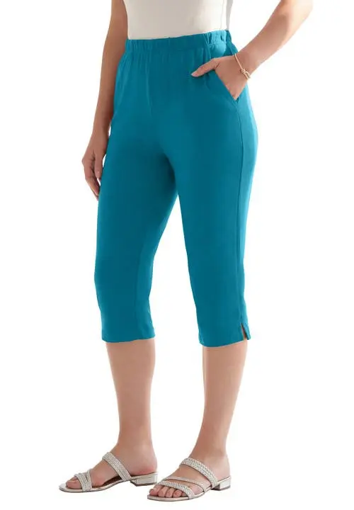 Roaman's Soft Knit Relaxed Pull-on Capri Pant - Deep Teal