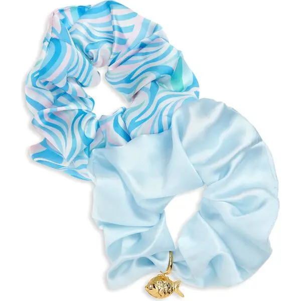FRASIER STERLING Assorted Deep Sea Satin Scrunchie Set With Crystal Embellished Fish Charm - Blue