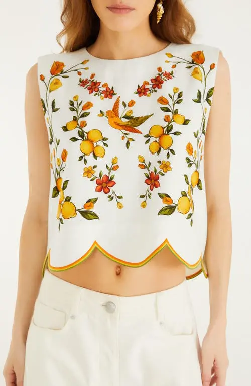 Farm Rio Lemon Bouquet Floral Linen Blend Crop Top - Lemon Bouquet Off-white