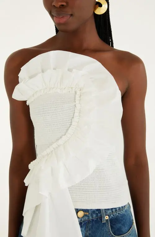 Farm Rio Strapless Smocked Cotton Ruffle Top