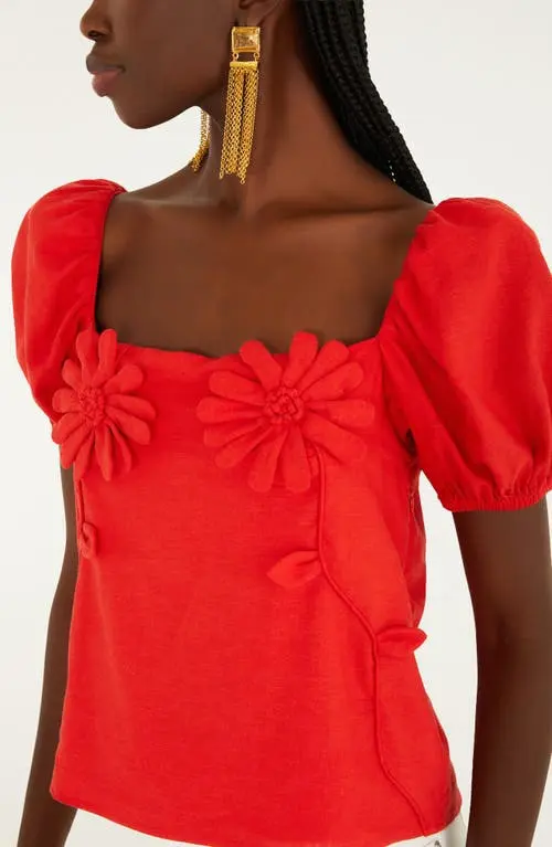 Farm Rio Floral Appliqué Linen Blend Short Sleeve Top