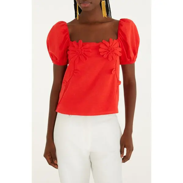 Farm Rio Floral Appliqué Linen Blend Short Sleeve Top - Red