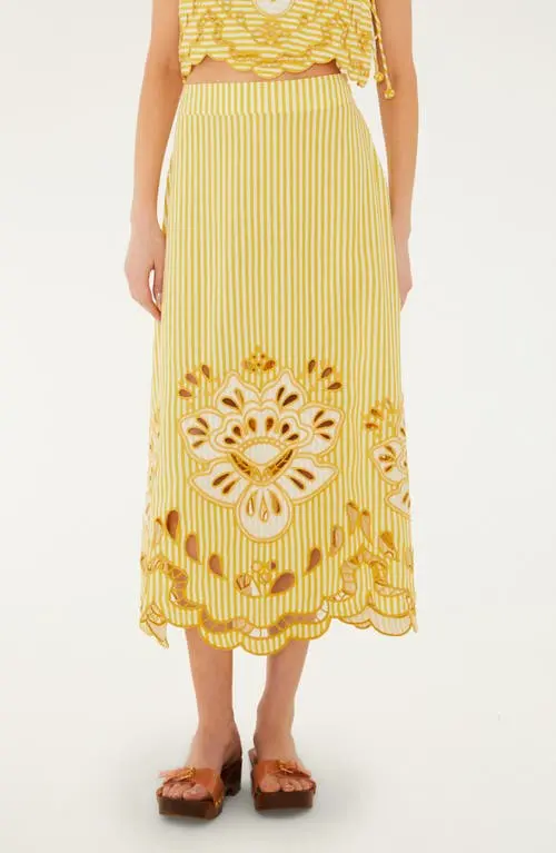 Farm Rio Striped Eyelet Midi Skirt - Yellow