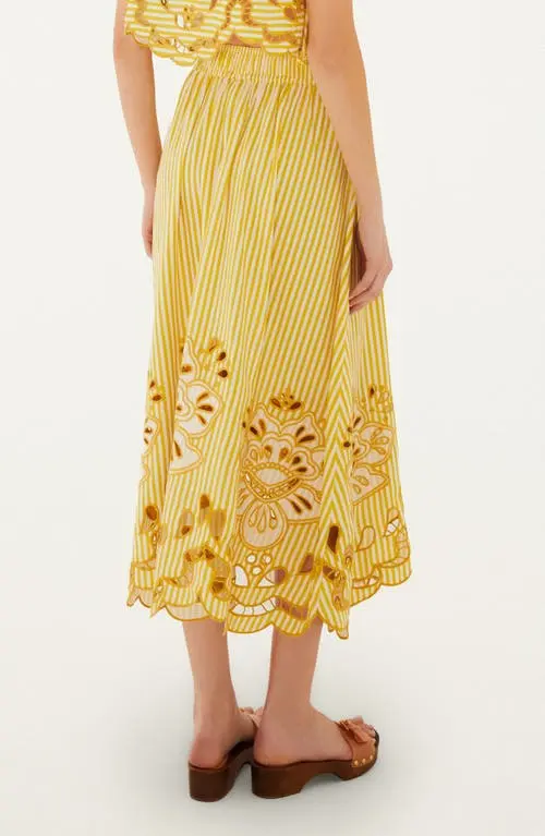 Farm Rio Striped Eyelet Midi Skirt - Yellow