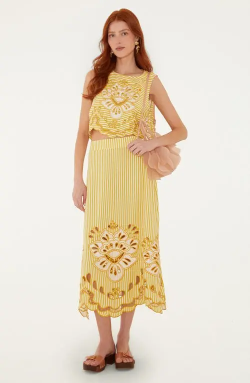 Farm Rio Striped Eyelet Midi Skirt - Yellow
