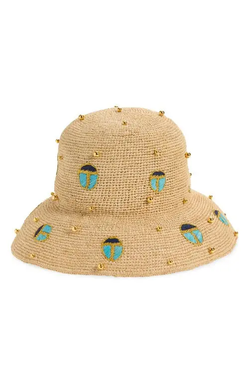 Lele Sadoughi Scarab Embellished Raffia Sun Hat - Turquoise Lapis