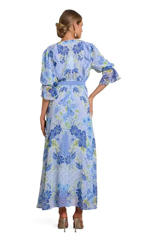 Hale Bob Meridian Chiffon Floral Maxi Dress With Smocked Waist And Ruffled Sleeves - Blue