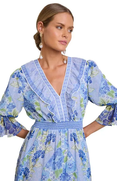 Hale Bob Meridian Chiffon Floral Maxi Dress With Smocked Waist And Ruffled Sleeves - Blue