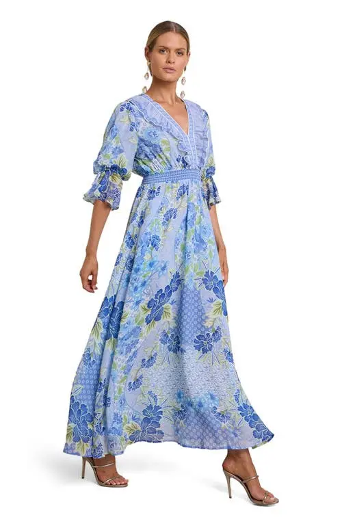 Hale Bob Meridian Chiffon Floral Maxi Dress With Smocked Waist And Ruffled Sleeves - Blue