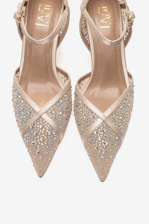PROLOGUE SHOES Embellished Stiletto Pumps With Ankle Strap - Beige